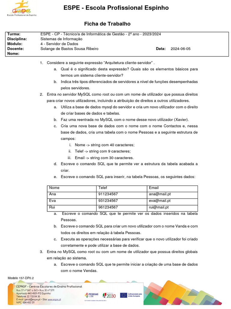 Enunciado - Ficha de Trabalho SI - Módulo 4 | PDF | SQL | Bancos de dados