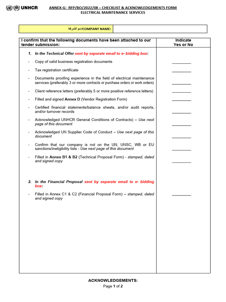 Annex G - Checklist and Acknowledgements Form | PDF | Request For Proposal