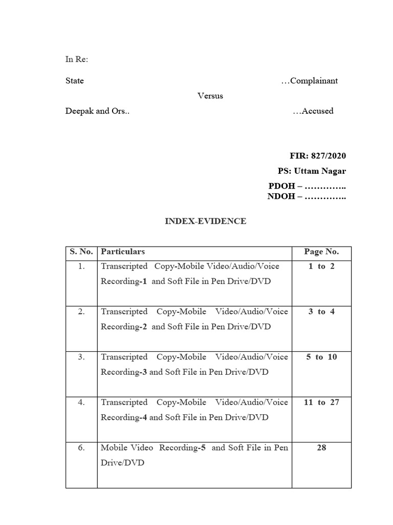 Evidence Index for FIR 827/2020 Uttam Nagar | PDF