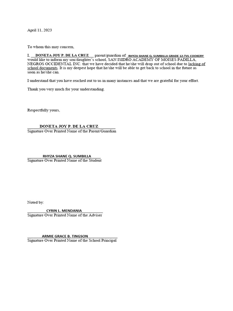 Letter of Drop Out and Trans Out | PDF
