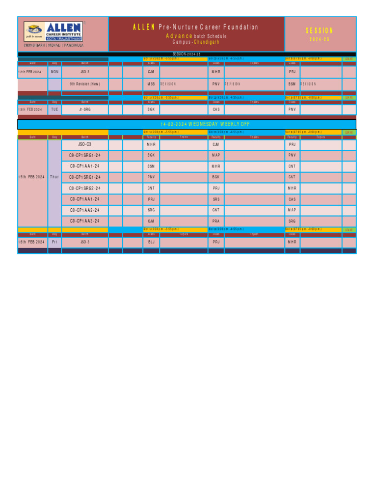 PNCF Time Table Session 2024-25 CDG-6 | PDF