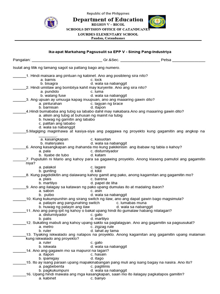 Department of Education: Ika-Apat Markahang Pagsusulit Sa EPP V - Sining Pang-Industriya | PDF