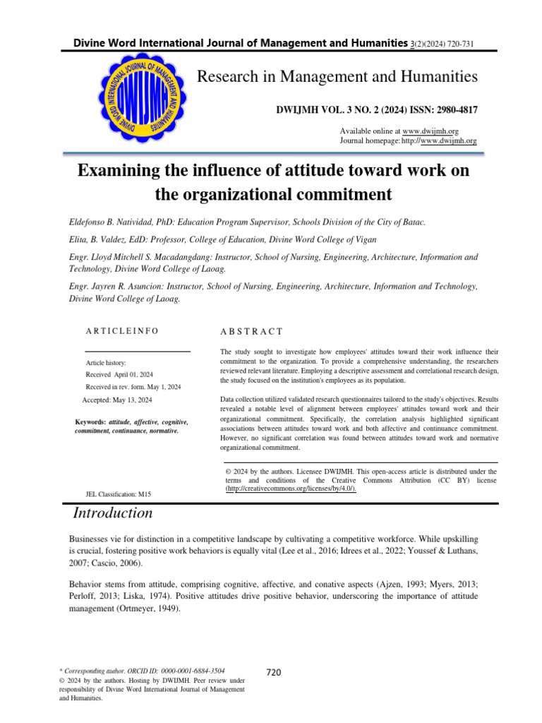 Examining The Influence of Attitude Toward Work On The Organizational Commitment | PDF ...