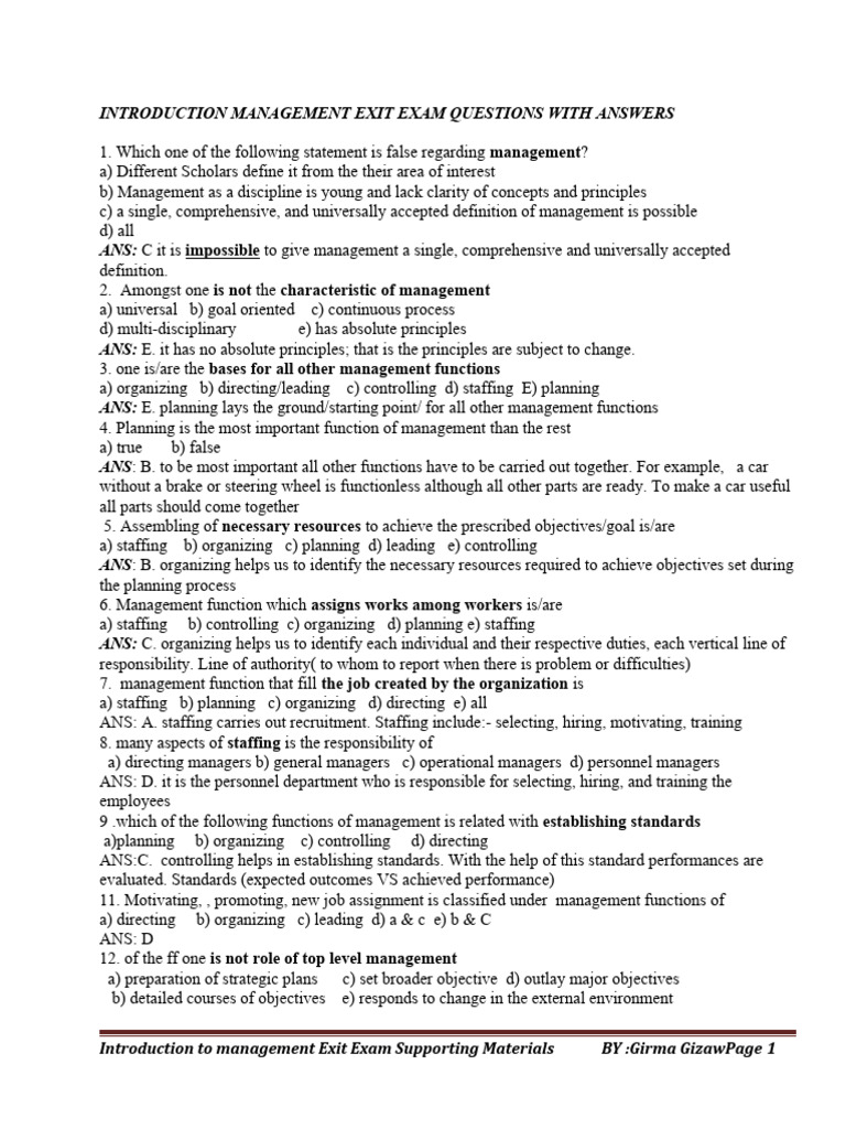 Introduction Management Exit Exam With Answers | PDF | Power (Social ...