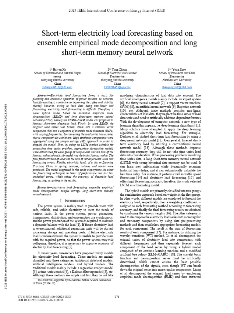 Short-Term Electricity Load Forecasting Based On Ensemble Empirical Mode Decomposition and Long ...