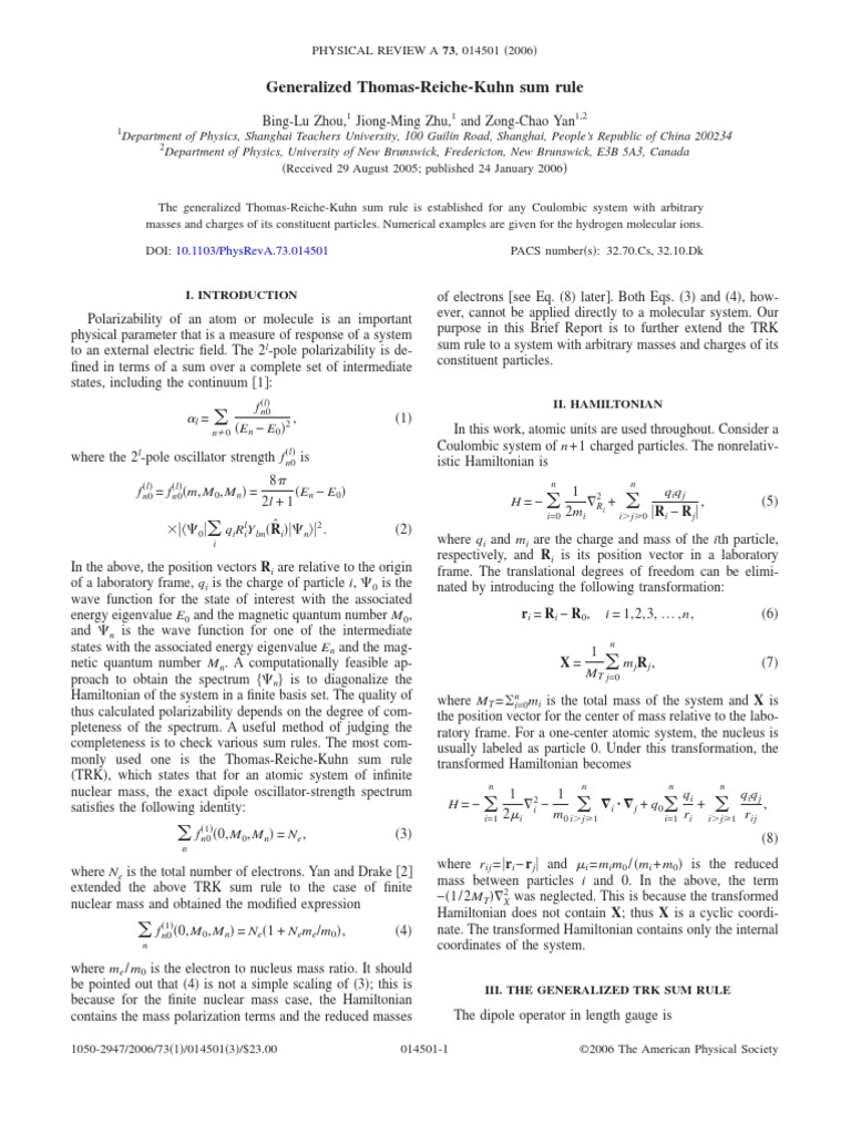 Thomas Reiche Kuhn Sum Rule | PDF | Hamiltonian (Quantum Mechanics) | Wave Function