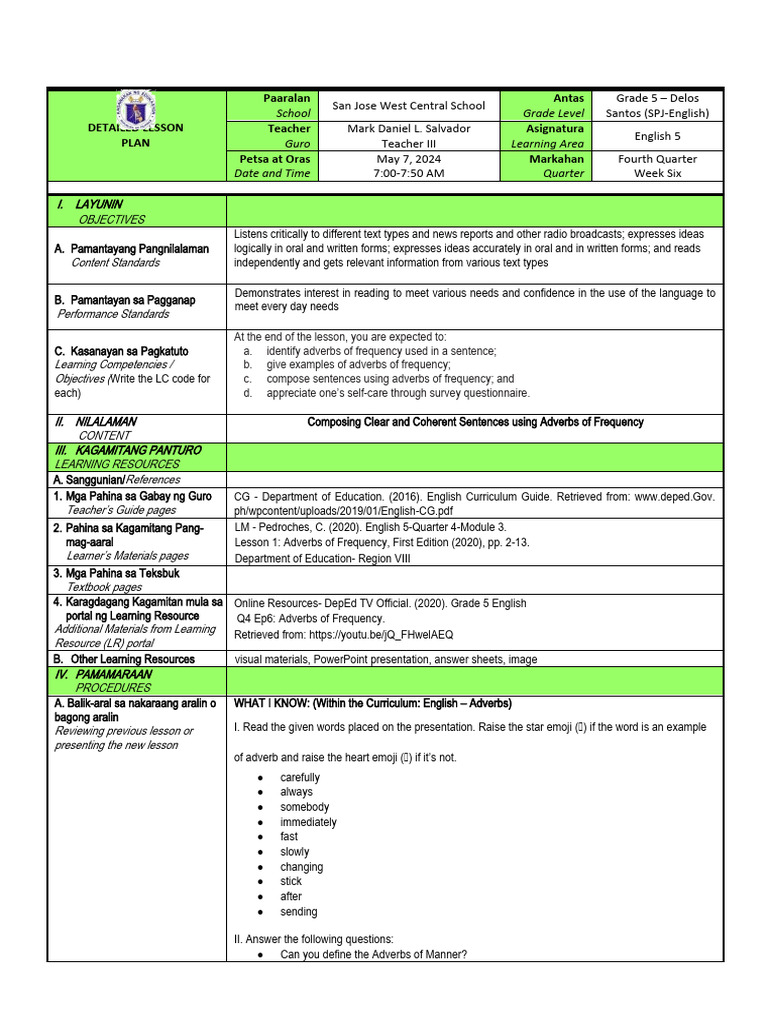 Detailed Lesson Plan Cot | PDF | Adverb