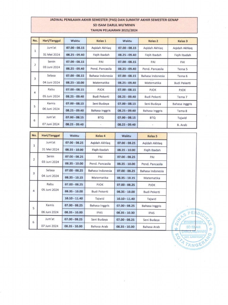 Jadwal PAS Genap Kelas 1 S.D 5 TA. 2023-2024 | PDF