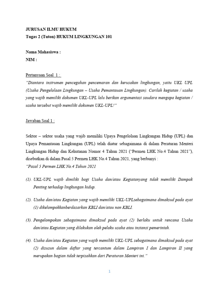 (Tuton - Tugas 2) - HUKUM LINGKUNGAN 101 | PDF
