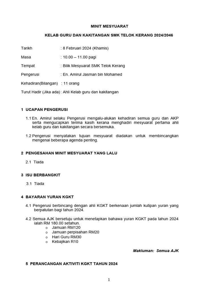 Minit Mesyuarat KGKT Bil 1 2024 2025 | PDF