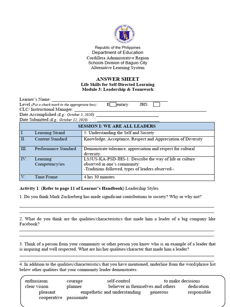 Answer Sheet Module 3 Leadership and Teamwork | PDF | Learning | Leadership