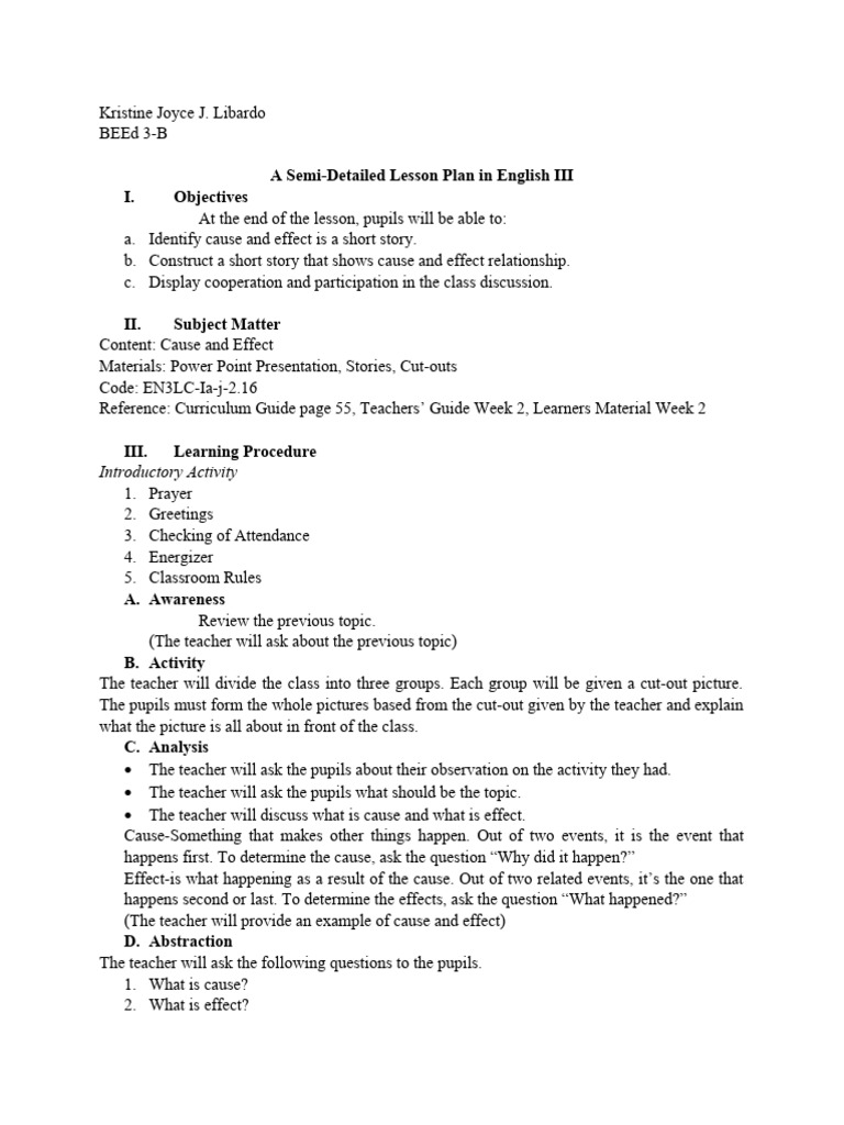 A Semi-Detailed Lesson Plan in English III I. Objectives: Introductory ...