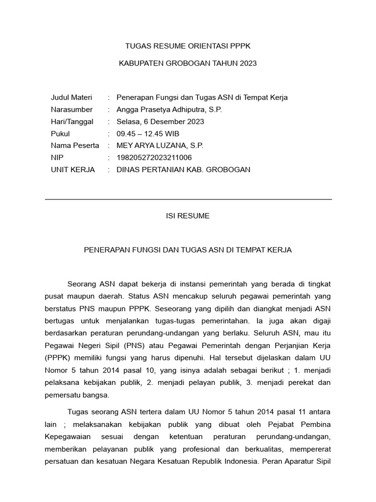Resume Penerapan Fungsi Dan Tugas Asn Di Tempat Kerja | PDF | Karier ...