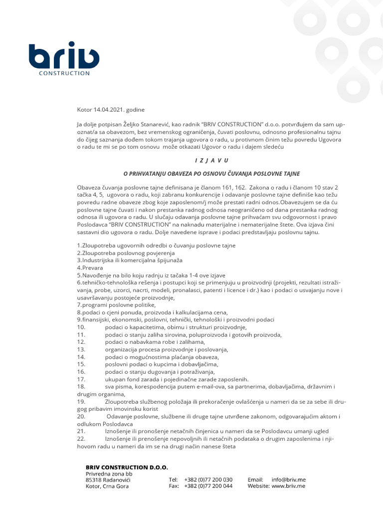 IZJAVA O POVJERLJIVOSTI Novi Memorandum | PDF