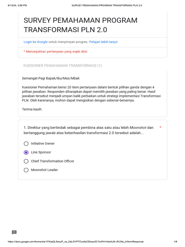 KJ Hal.1 - SURVEY PEMAHAMAN PROGRAM TRANSFORMASI PLN 2.0 | PDF | Bisnis | Pengelolaan Keuangan ...