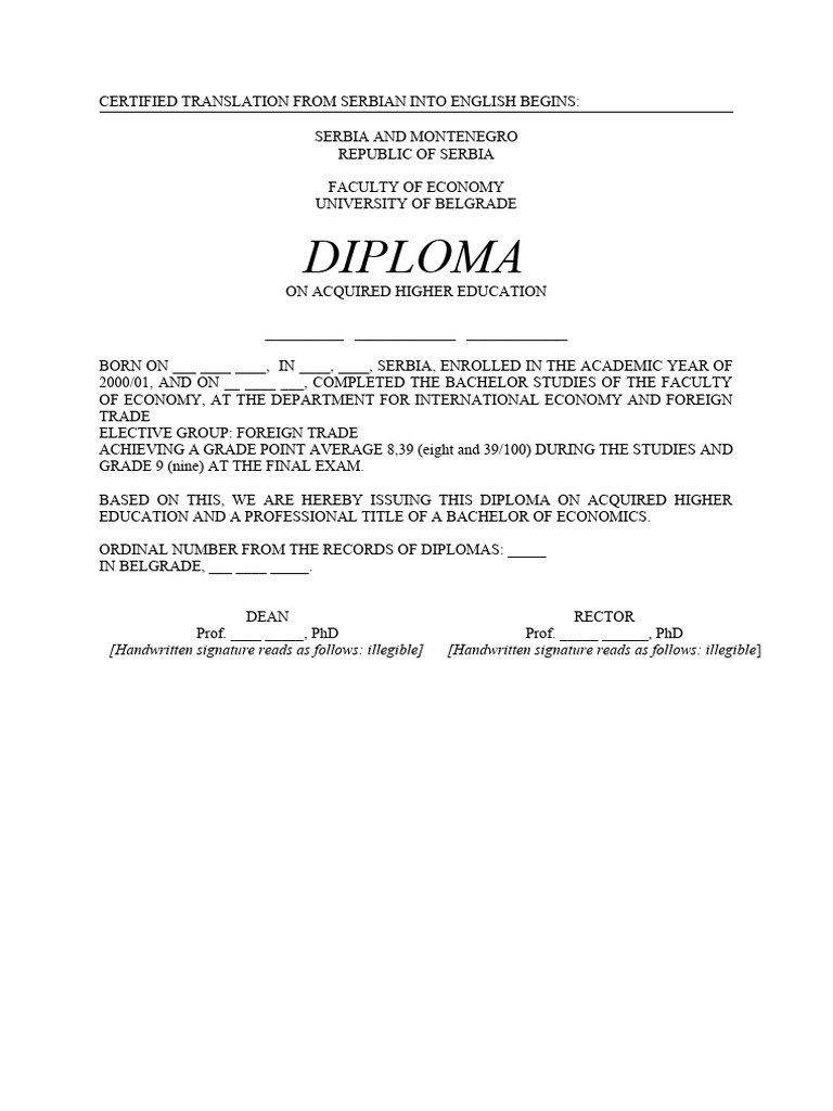 Diploma Faculty of Economy Certified Translation Template | PDF