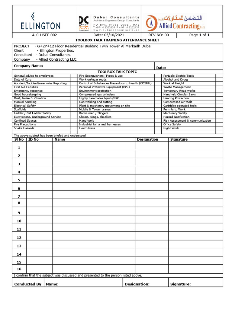 Alc-Hsef-02-Tbt Training Record-R00 | PDF | Occupational Safety And ...
