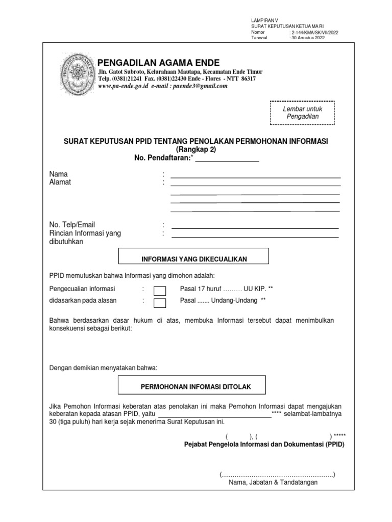 LAMP V Form SK PPID Tentang Penolakan Permohonan Informasi | PDF