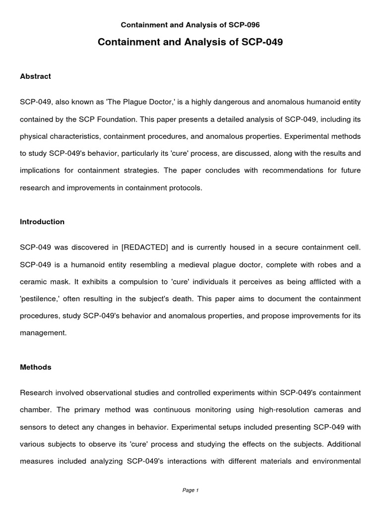 SCP-049 Containment and Analysis | PDF | Experiment | Cognitive Science