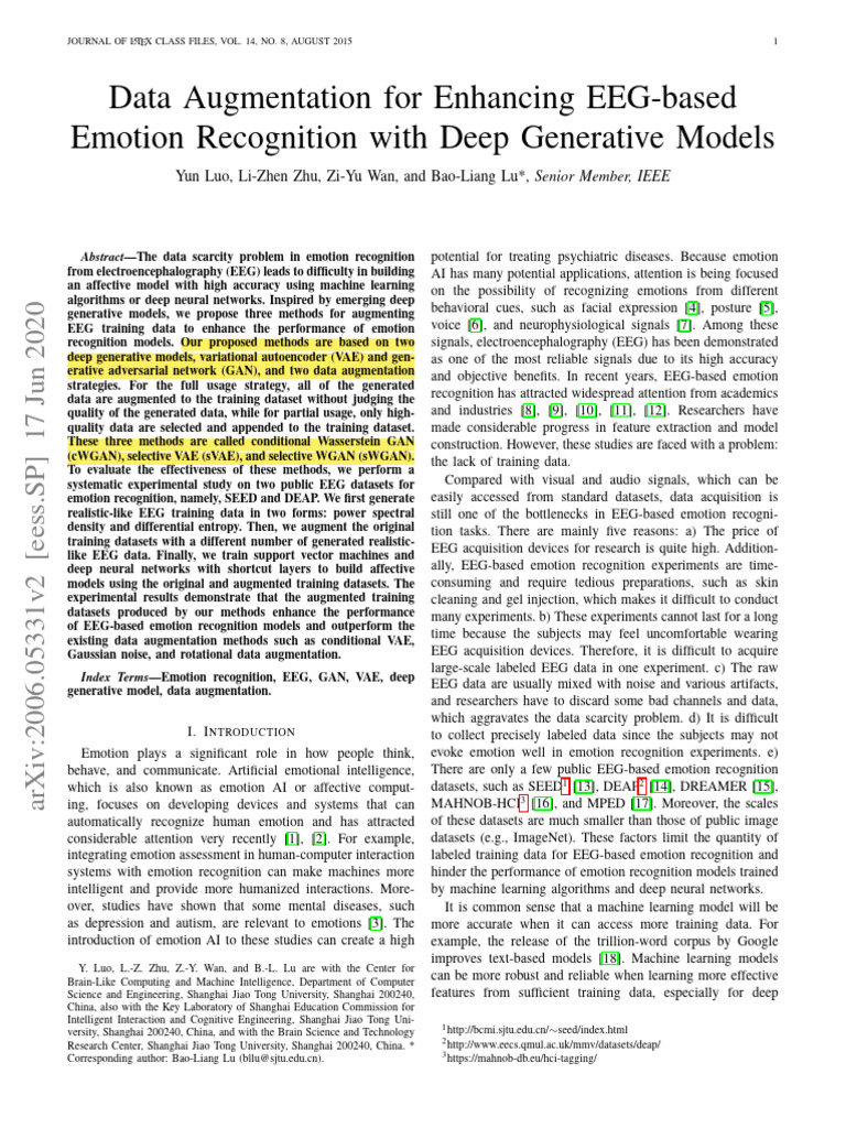 Data Augm For Enchancing Eeg Based Emotion Recognition Deep Generative Models | PDF | Deep ...