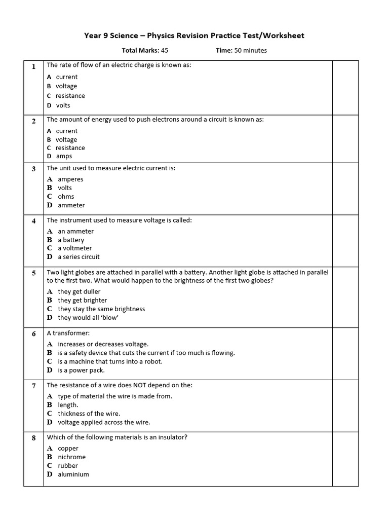 Physics Revision Worksheet or Practice Test With Answers at The End ...