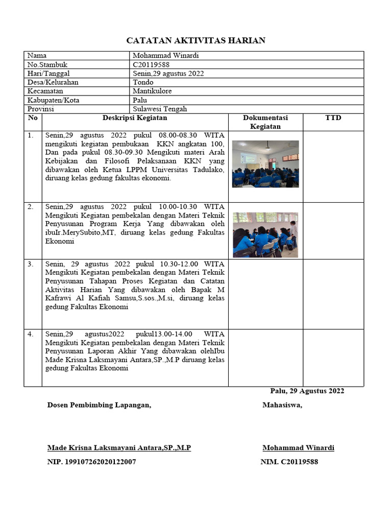 Contoh Laporan Aktivitas Harian KKN | PDF