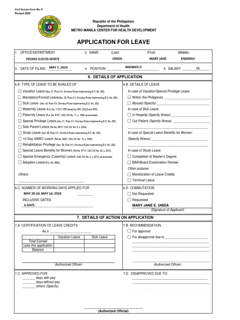 MMCHD CS Form No 6 Revised 2020 Application For Leave Fillable | PDF ...