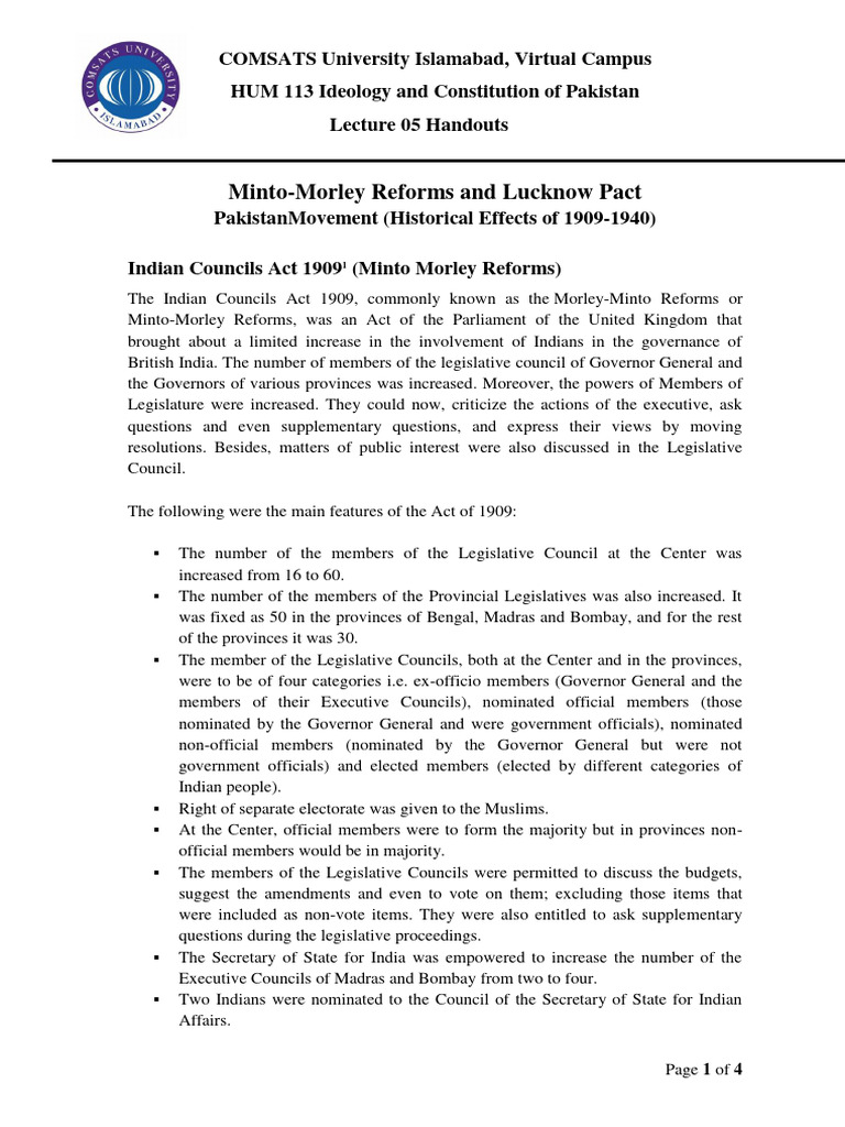 Minto-Morley Reforms & Lucknow Pact Overview | PDF | Muhammad Ali ...
