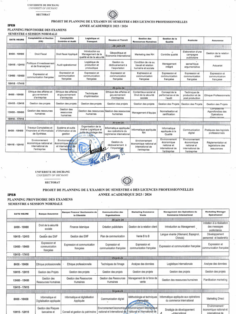 Planning Examens Semestre 6 LIPRO - Session Normale 2023-2024 | PDF