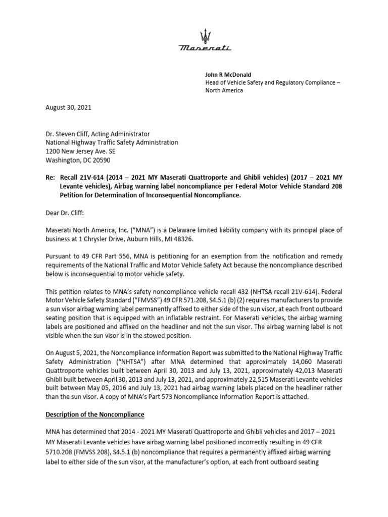 Maserati Airbag Label Noncompliance Petition | PDF | National Highway ...