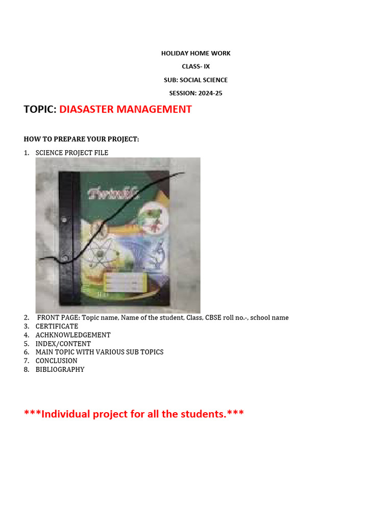 HOLIDAY HOME WORK Disaster Management Class IX SST 2425 | PDF