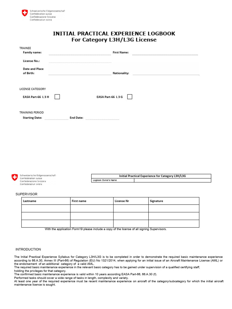 Initial Practical Experience Logbook For Category l3h l3g License | PDF ...