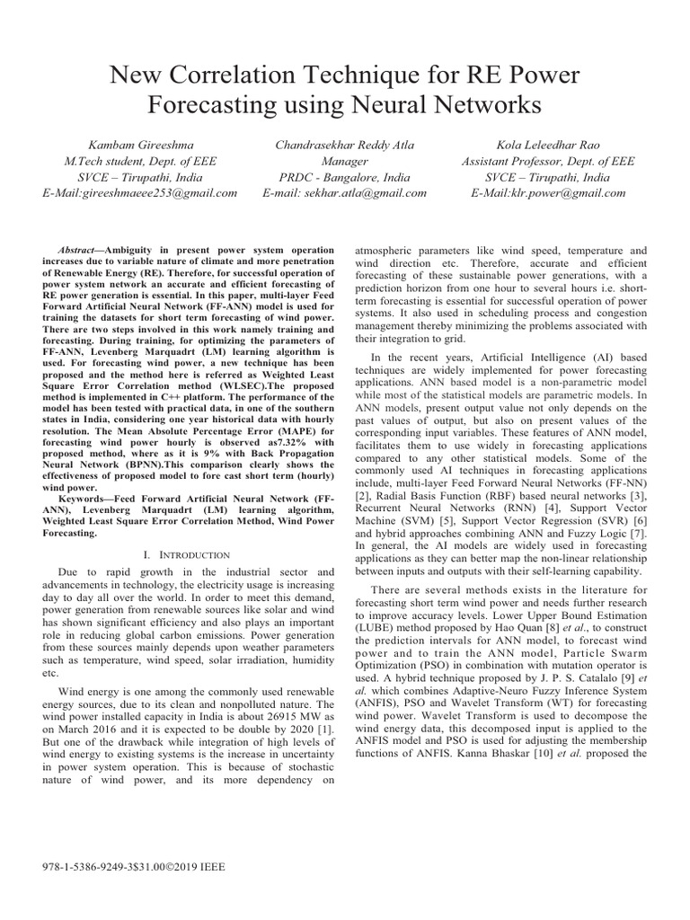 New Correlation Technique For Re Power Forecasting Using Neural Networks Download Free Pdf