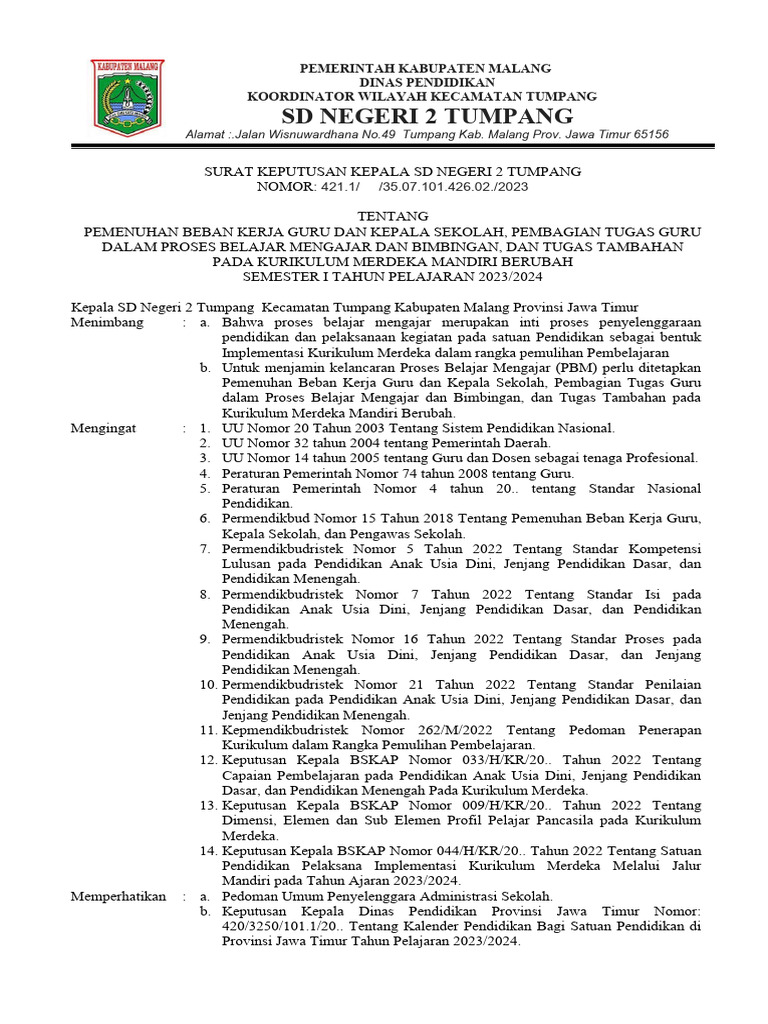 SK PBM 2023-2024 Versi 1-Kurikulum Merdeka-Sdn 2 Tumpang | PDF | Karier & Perkembangan | Seni