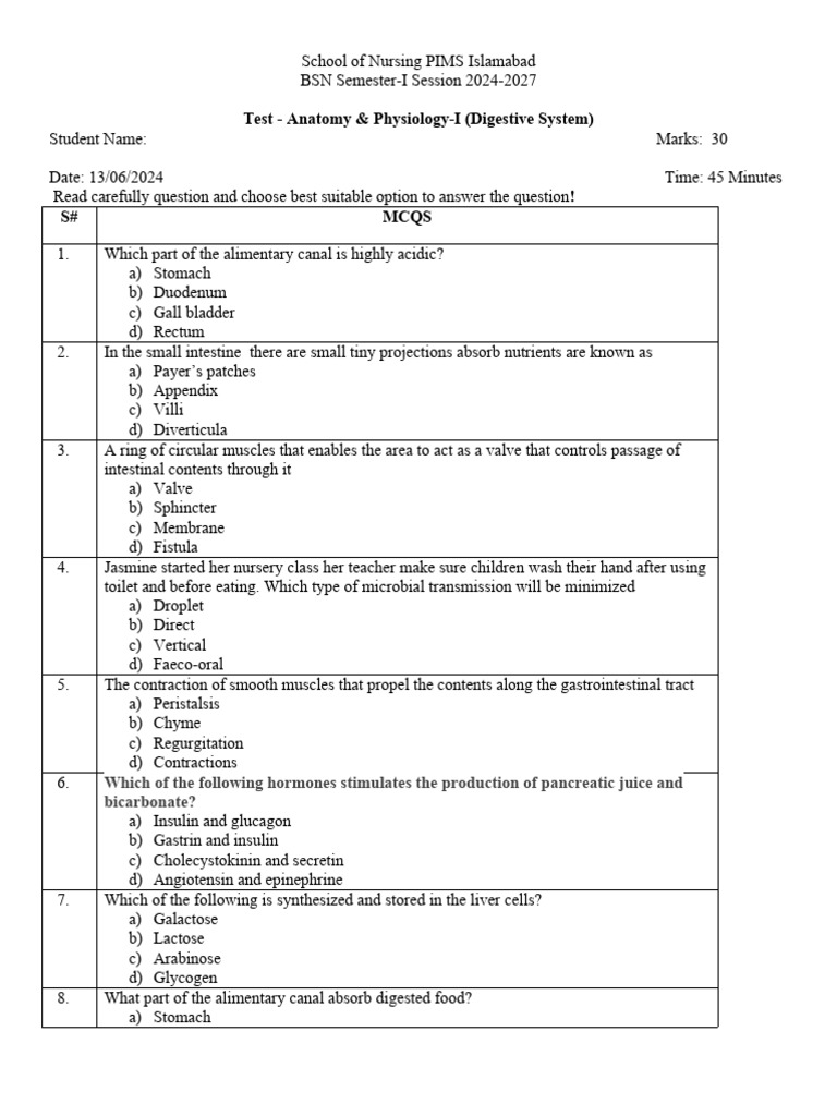 Digestive System Test | PDF | Human Digestive System | Stomach