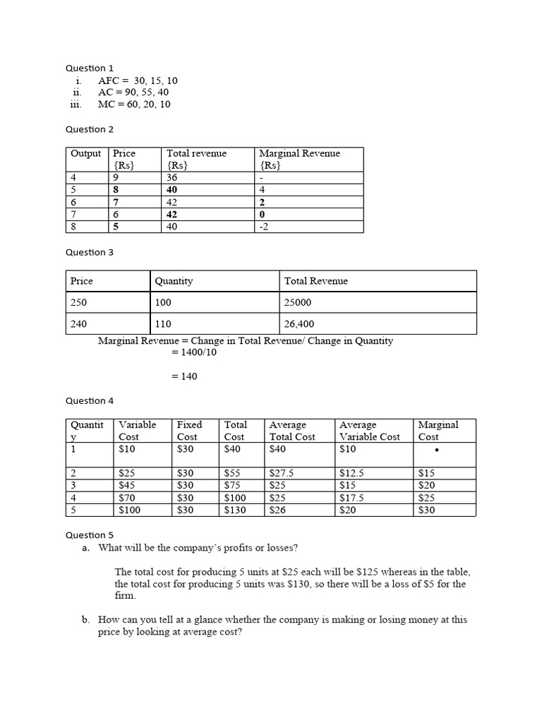 Cost and Revenu Numerical Answer Key | PDF