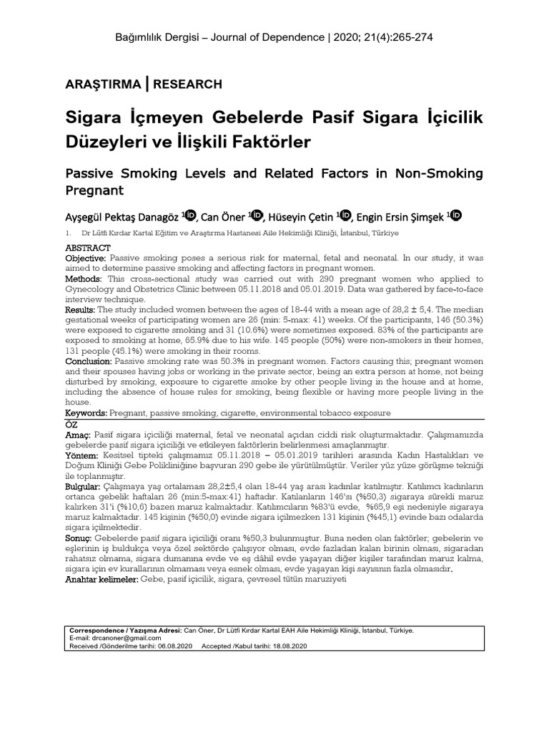 Sigara - Meyen Gebelerde Pasif Sigara - Icilik D - Zeyleri Ve - Li ...