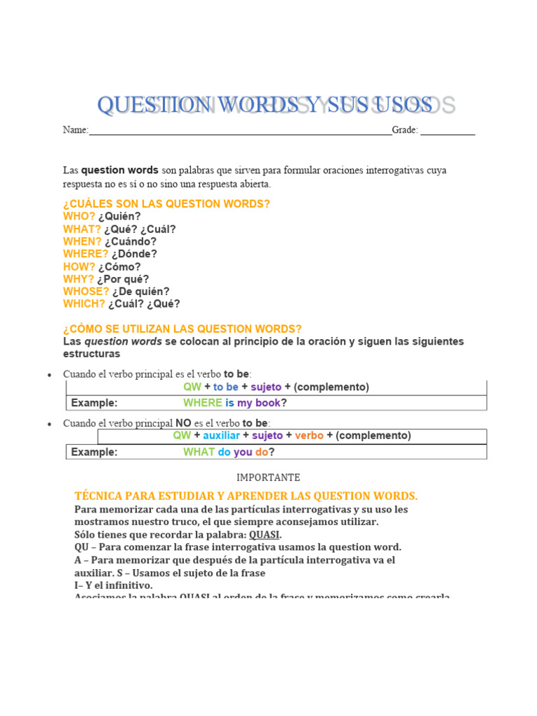 Ejercicios de Question Words | PDF | Lingüística | Sintaxis