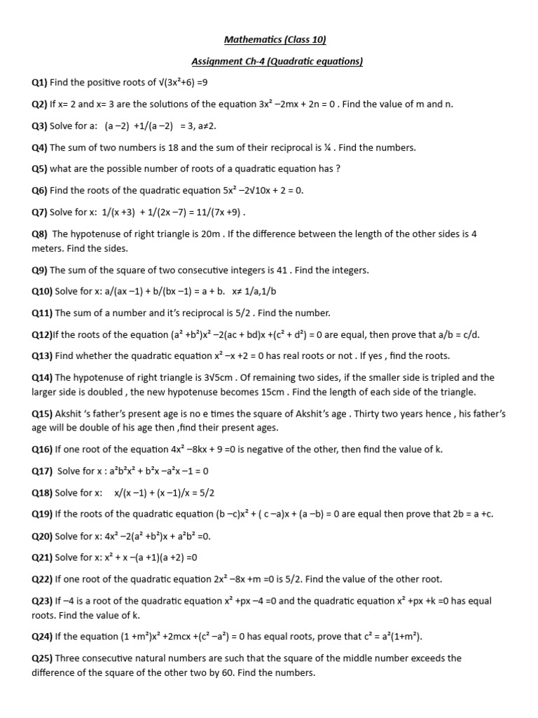 Ch4 Quadratic Equations, Class 10 (Holidays Homework) | PDF | Numbers ...