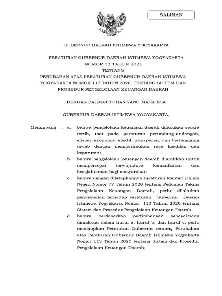 Pergub Diy Nomor 33 Tahun 2021 Tentang Perubahan Atas Pergub Diy Nomor ...