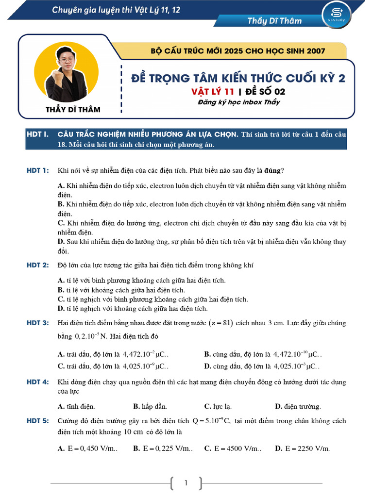 (Thầy Dĩ Thâm) Đề Cấu Trúc Mới Trọng Tâm Cuối Kỳ 2 - Vật Lý 11 (Số 02 ...