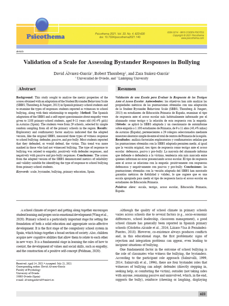 Validation of A Scale For Assessing Bystander Responses in Bullying ...
