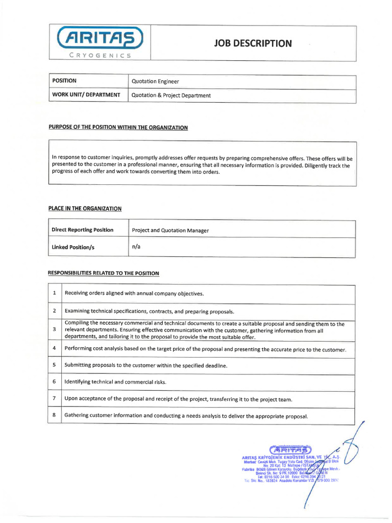 Job Description - Quotation Engineer | PDF
