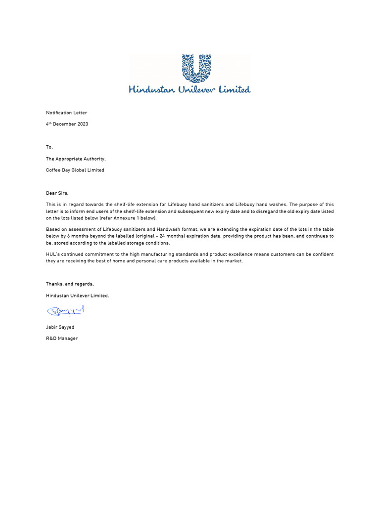 Notification Letter - Shelf Life Extention For CCD | PDF | Shelf Life ...