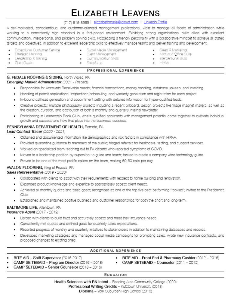 Elizabeth Leavens: Management Professional Resume | PDF | Leadership ...