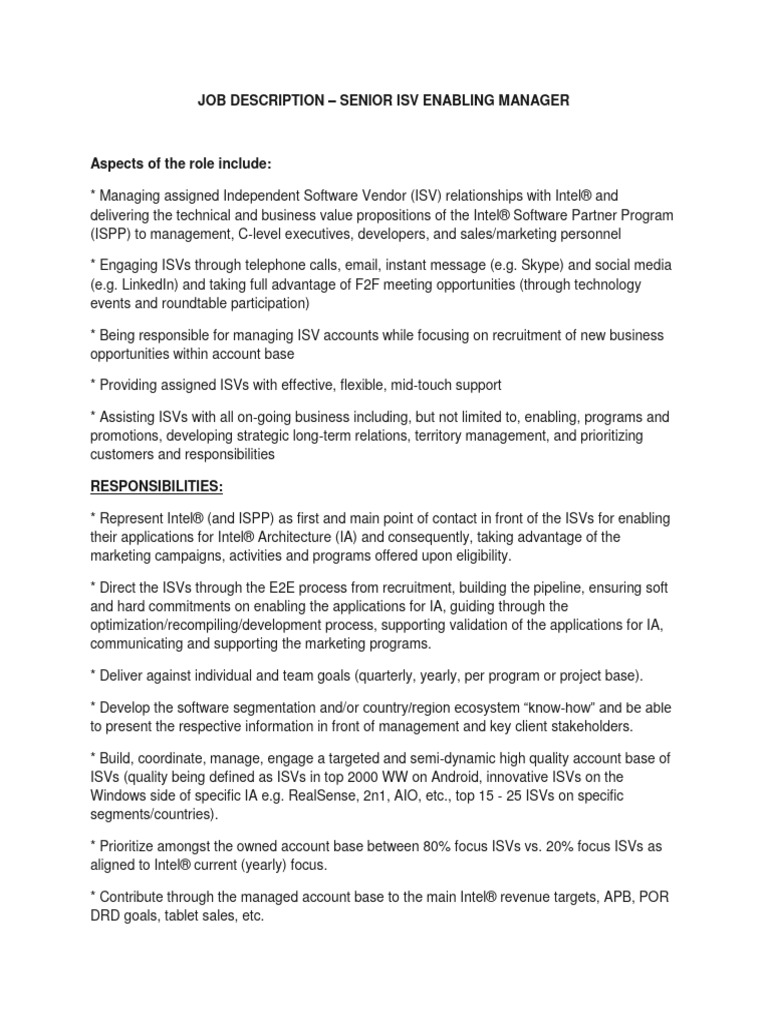 JD - Senior ISV Enabling - Manager | PDF | Marketing | Recruitment