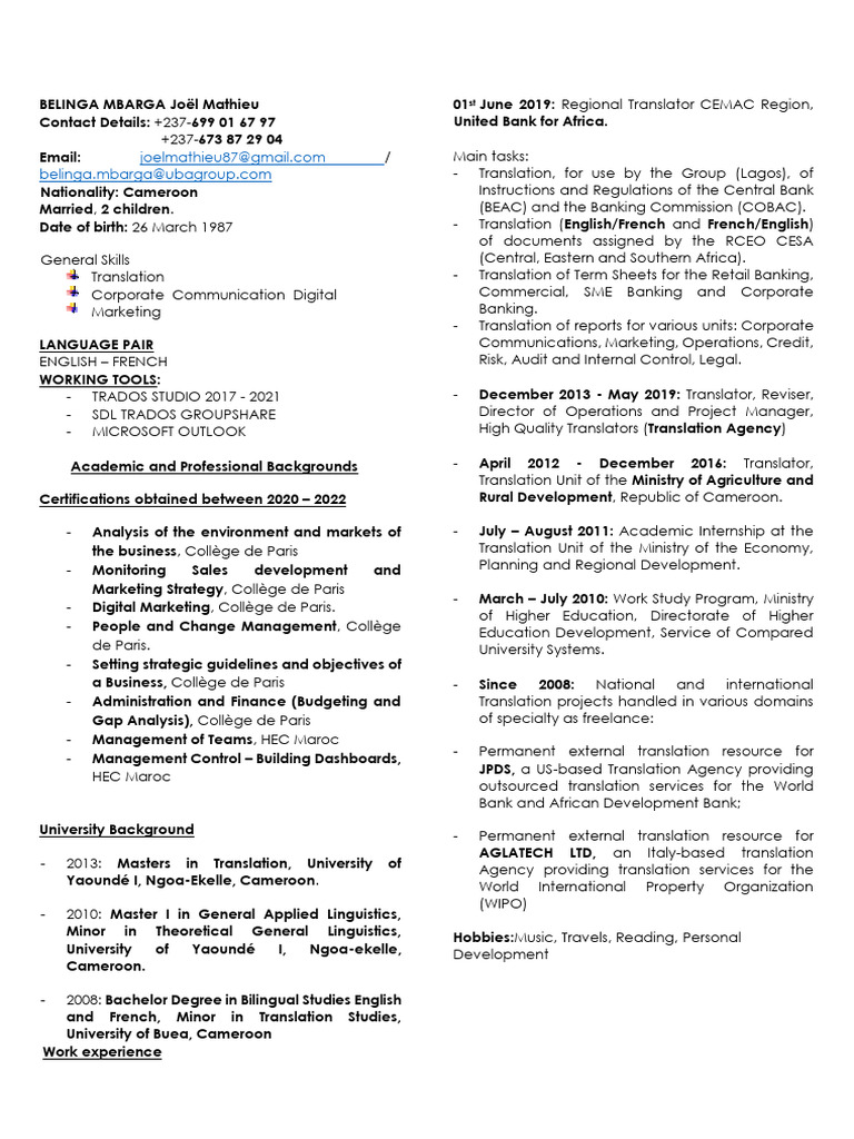 CV Eng - BELINGA MBARGA Joël Mathieu | PDF | Economies | Business