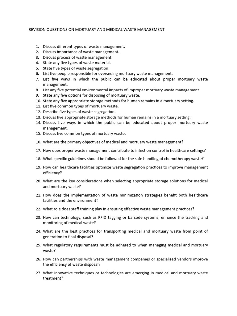 Revision Questions On Mortuary and Medical Waste Management | PDF | Waste Management | Waste