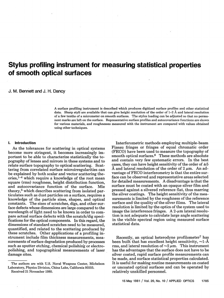 1981_Stylus profiling instrument for measuring statistical properties | PDF | Optics ...