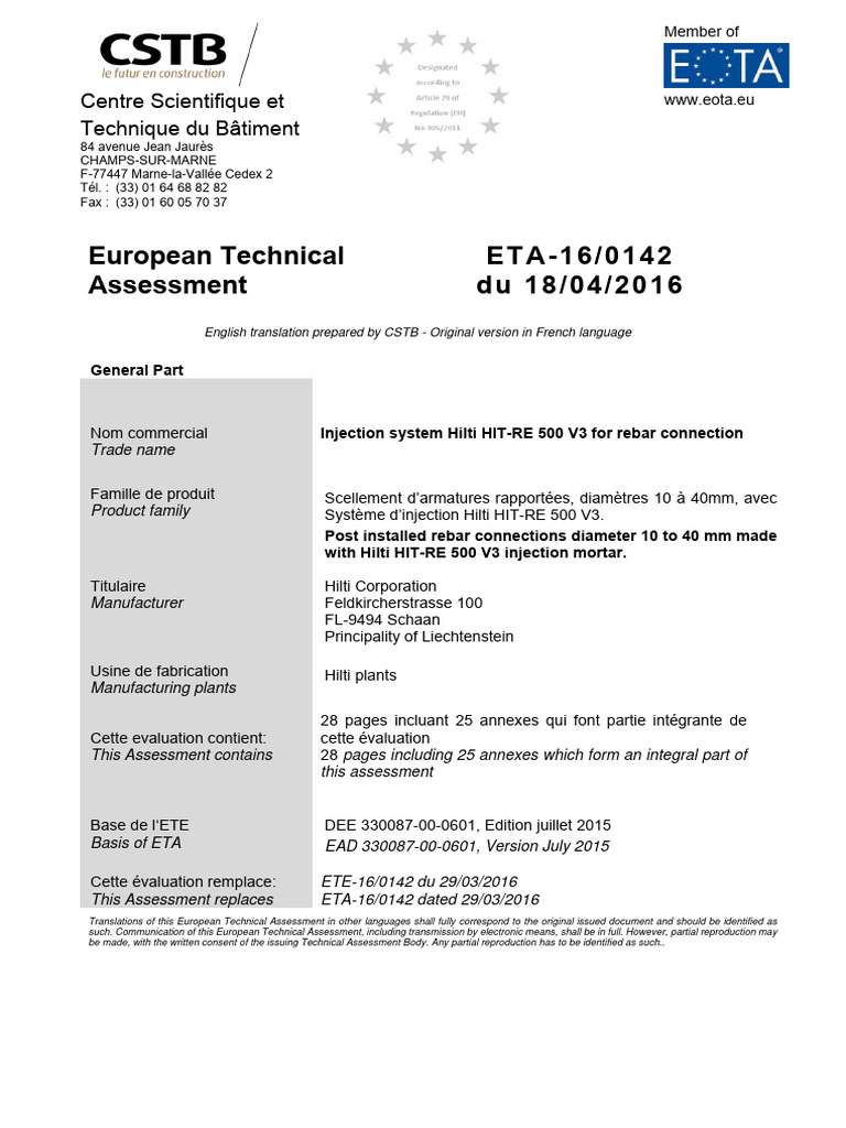ETA 16 0142 HIT-RE 500 V3 Injection Mortar Rebar en Approval Document ...